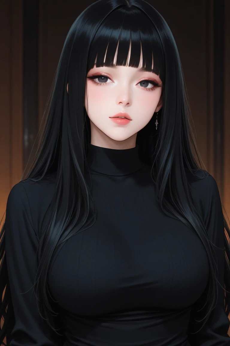 Mulher,Long black hair bangs,roupa preta - SeaArt AI