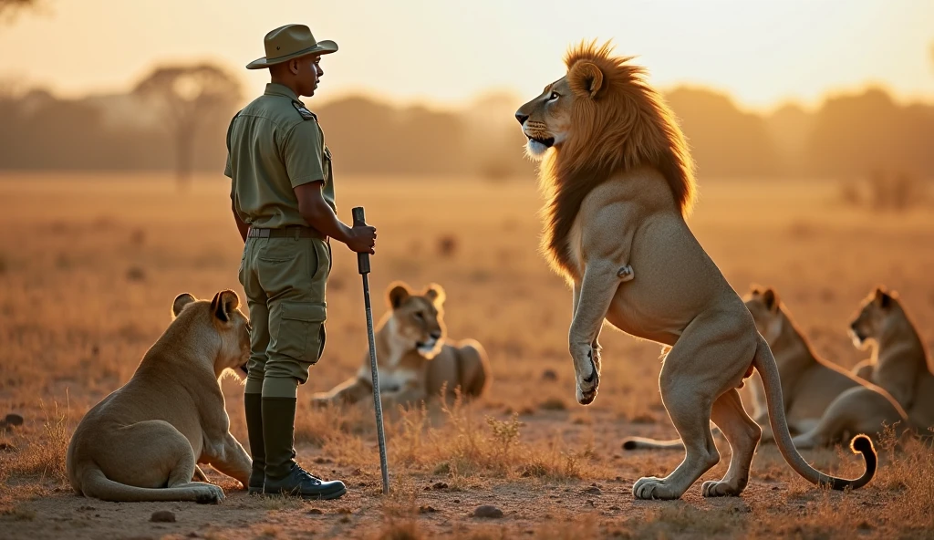 A majestic male lion standing upright on its hind legs in front of a ...