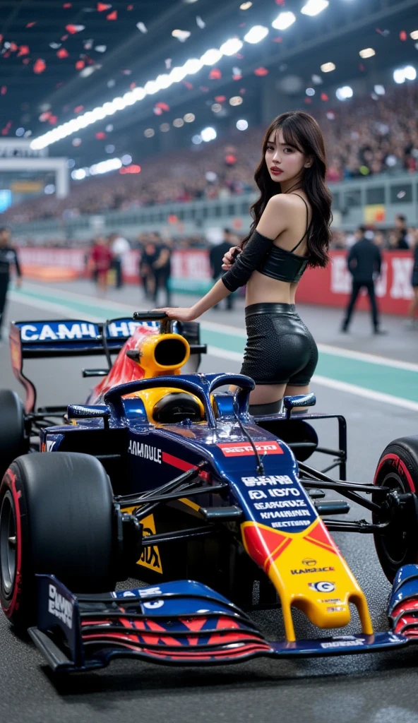 "A high-performance F1 racecar dominates the center of the scene ...