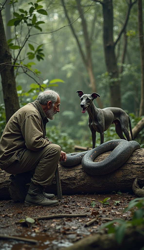 "A gritty, hyper-realistic depiction deep in a dense rural forest ...