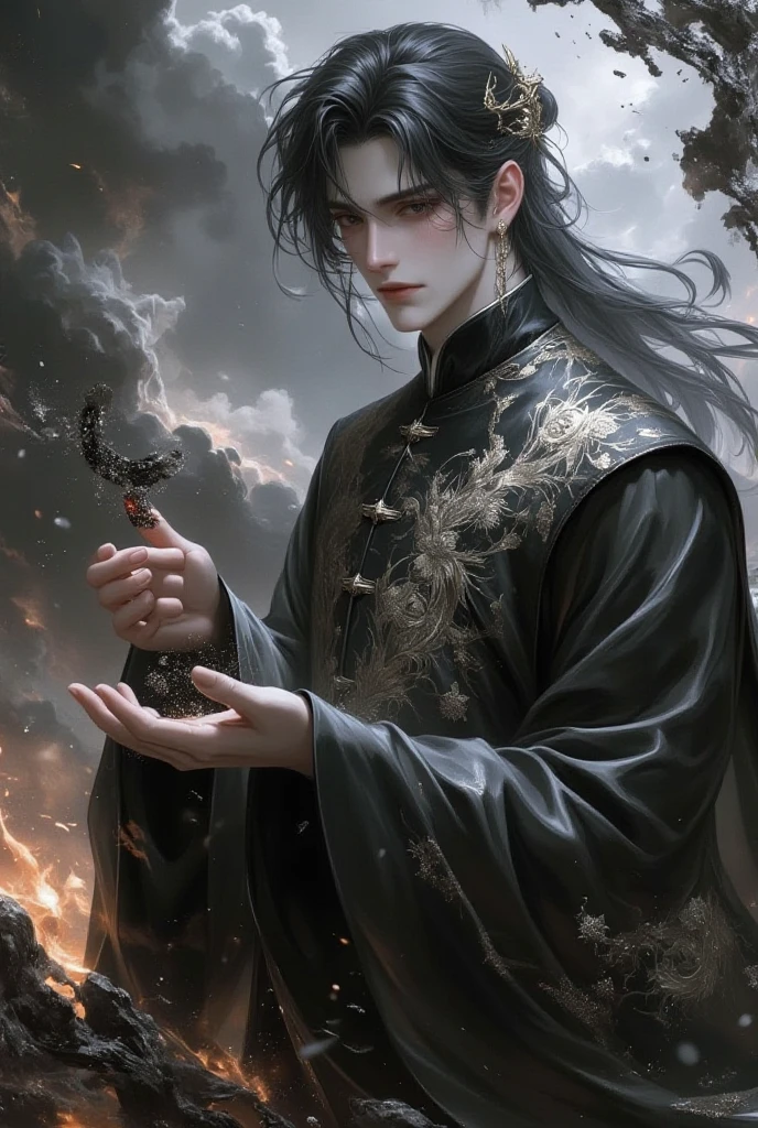 A strikingly handsome human 18-year-old male cultivator with black void ...