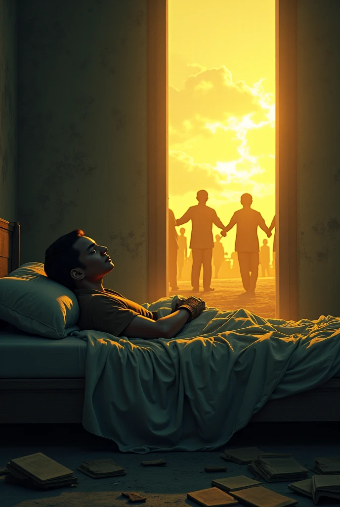 Split scene of Indonesian young man (Bimo): Left side shows a dark - SeaArt AI