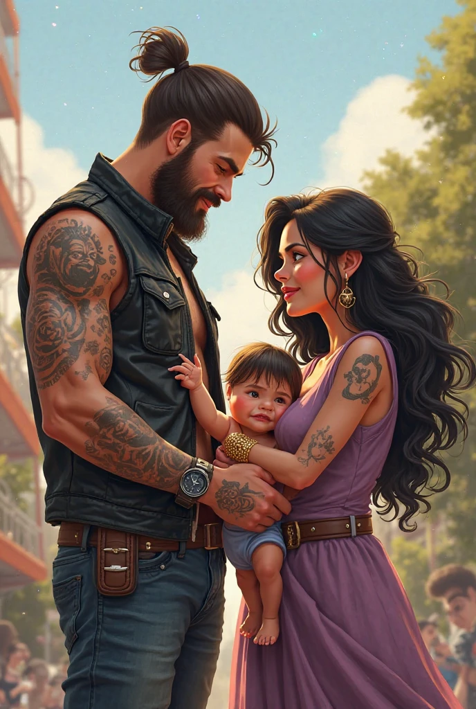 Trois personnes devant un QG de bikers. Un couple dans les bras l ...