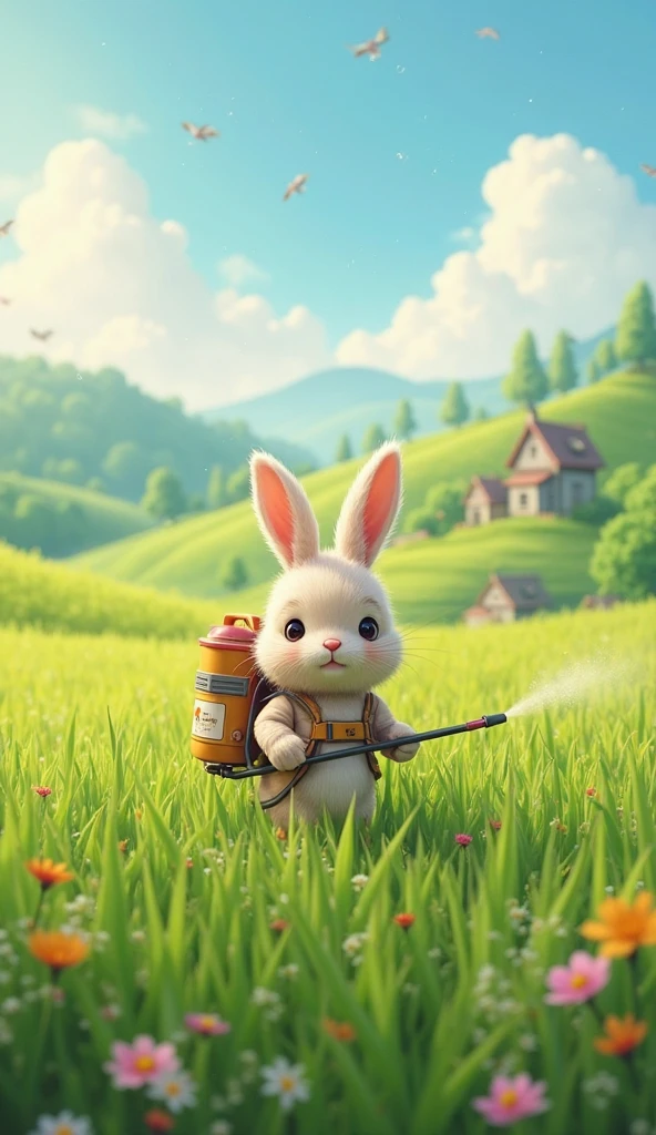 Cute rabbit spraying pesticides in rice fields - SeaArt AI