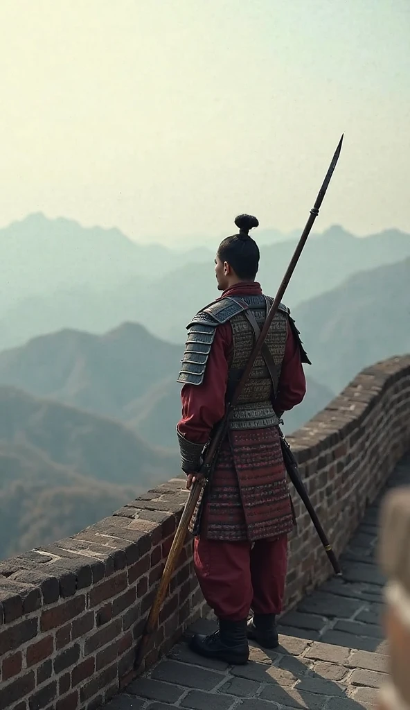 A reenactment of a Chinese soldier standing guard on the Great Wall ...