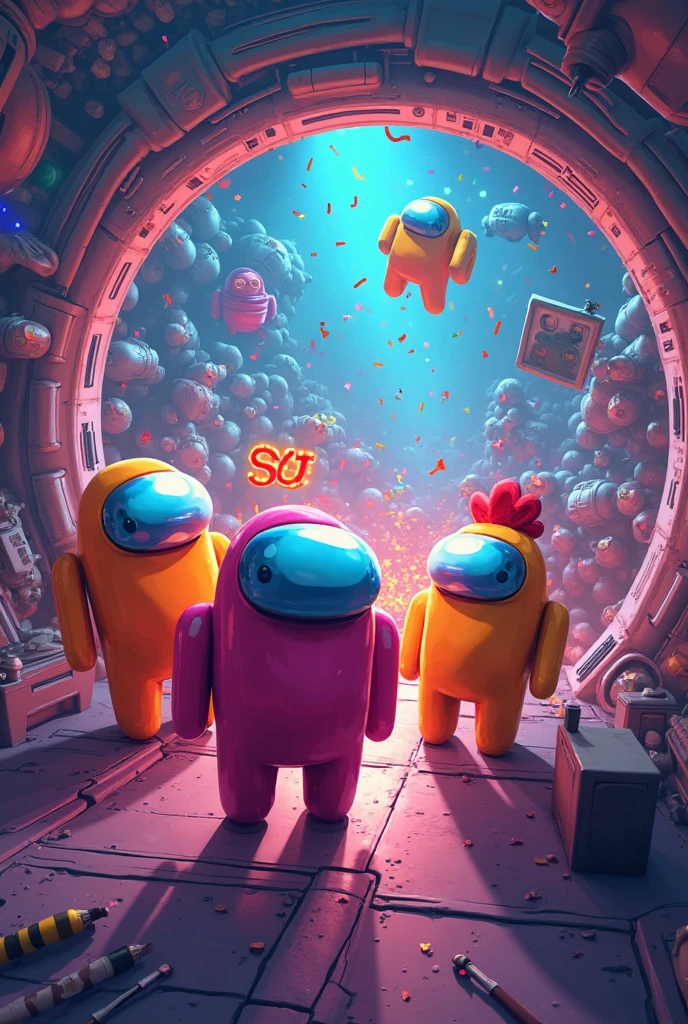 **"Cartoonish Among Us crewmates and impostors in a chaotic spaceship ...