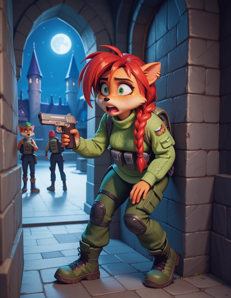 Fearful anthro bandicoot girl red braided hair, green fearful eyes ...