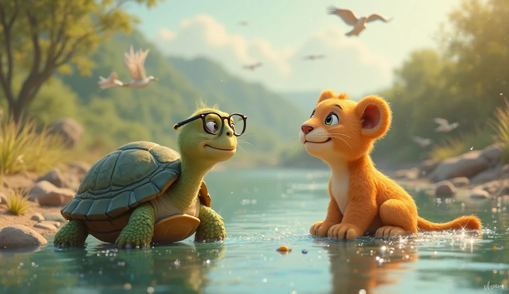 3D cartoons style Beside a gentle flowing stream, a slow, friendly ...