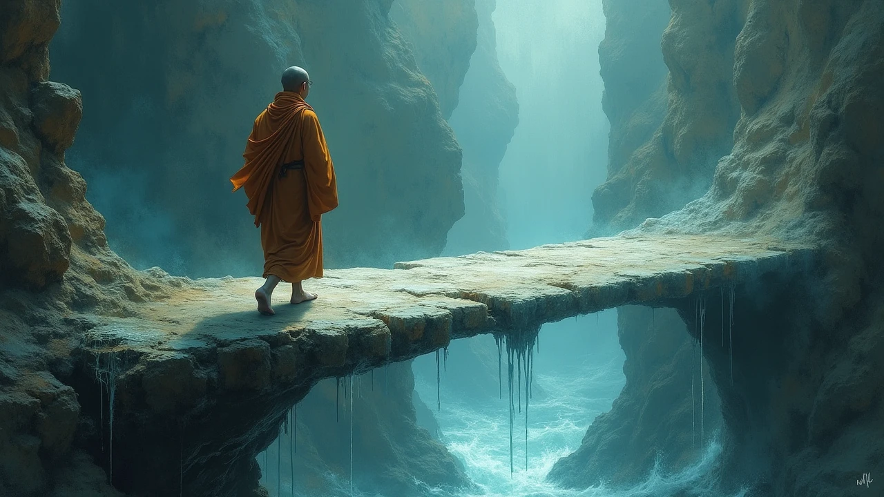 18. The monk walks across a bridge made of emptiness, beneath which ...