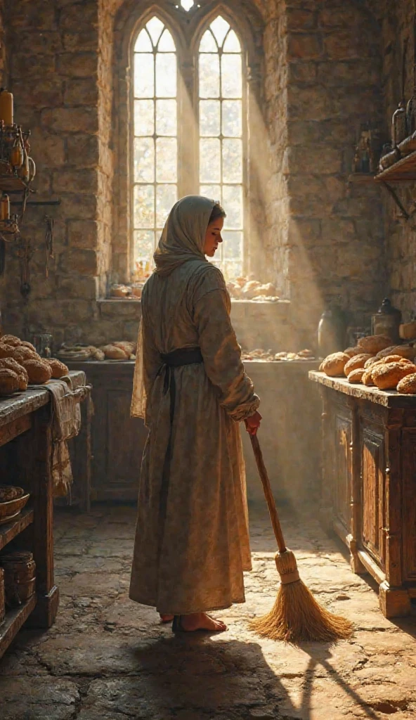 "Medieval servant girl sweeping floors and baking bread in a noble ...