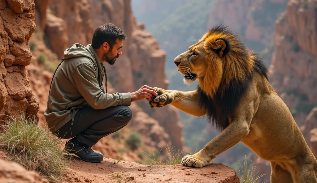 A man crouching near the edge of a rugged cliff, reaching out his hand ...