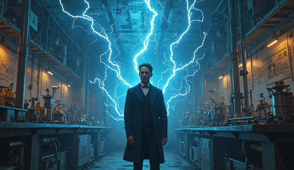 Nikola Tesla standing in his dimly lit laboratory, surrounded by ...