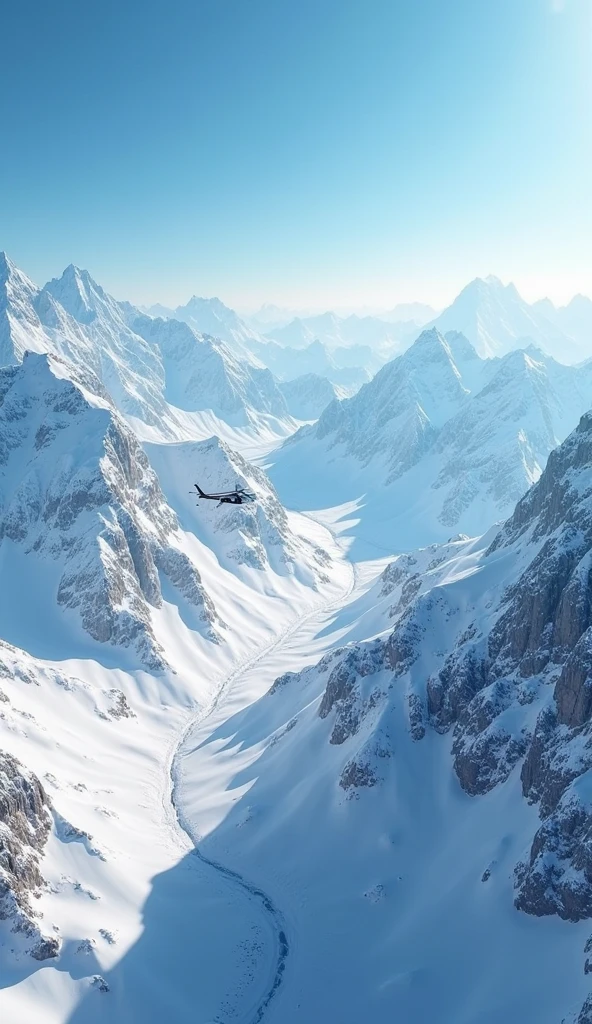 A striking aerial view captured from a helicopter flying above snow ...