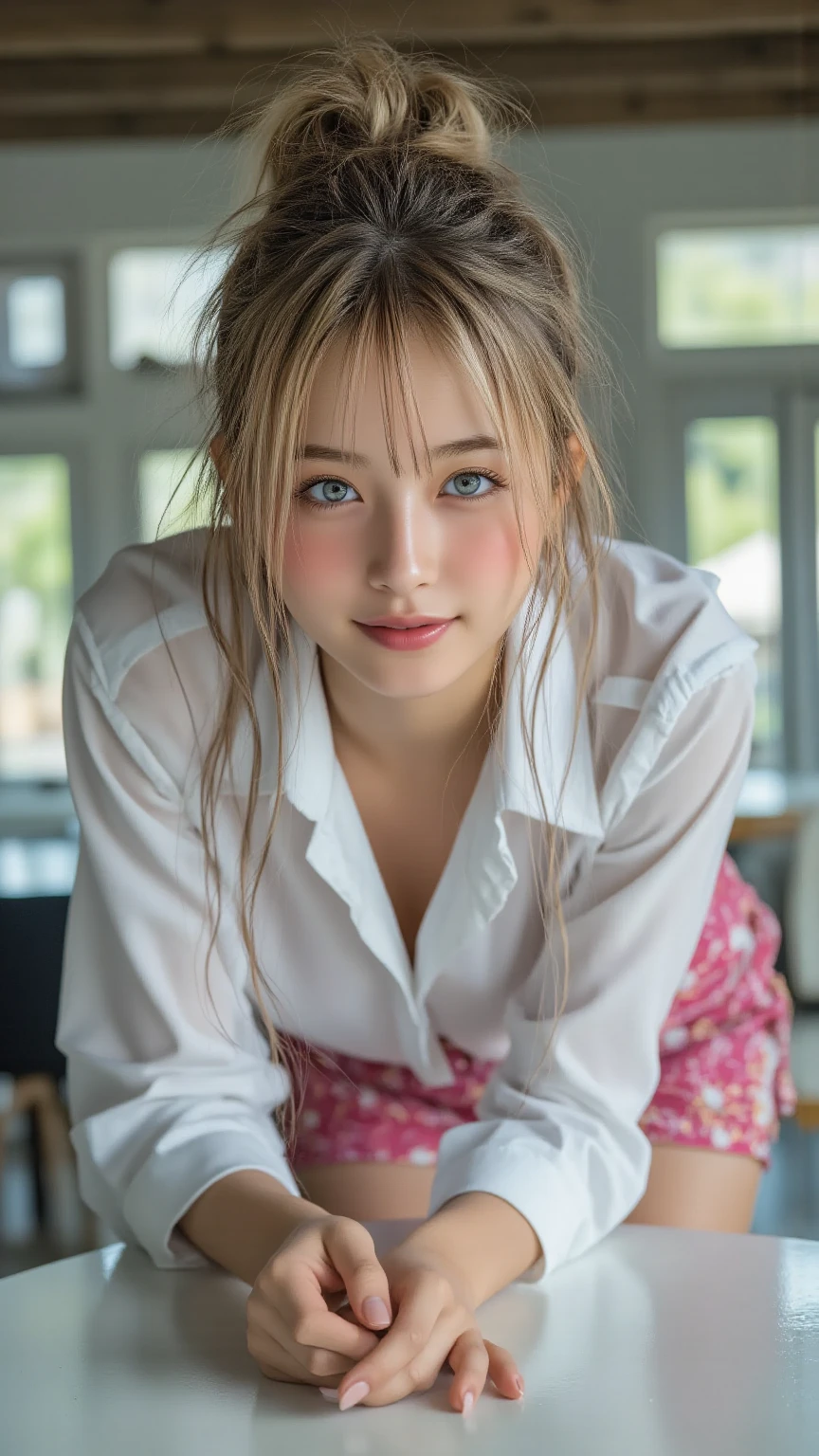 In a softly lit studio with a minimalist backdrop, an attractive young ...