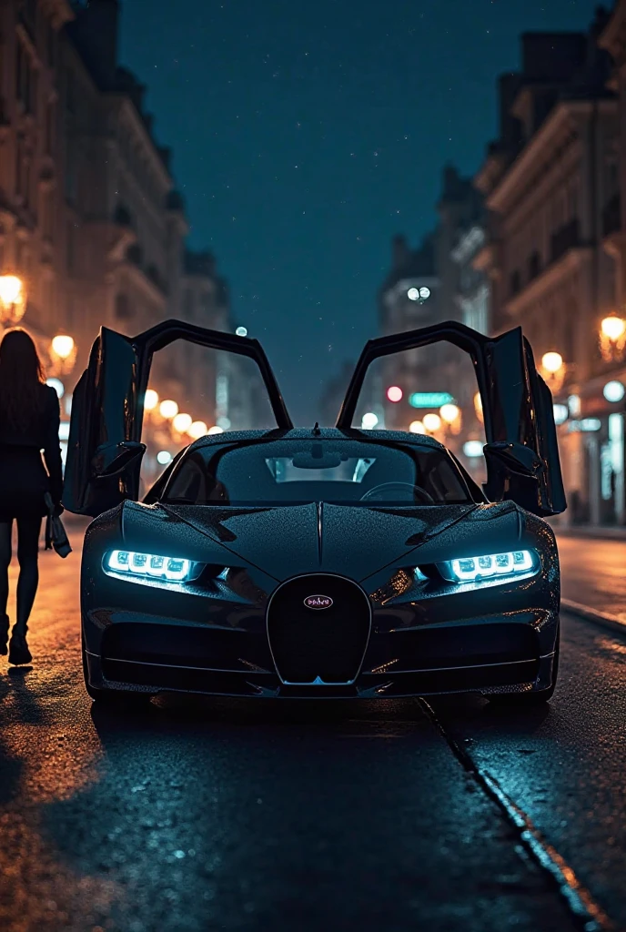 Create an image of a black Bugatti Chiron parked in the middle of a ...