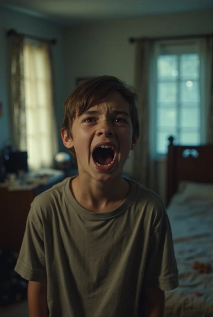 A young adult screaming in frustration alone in a messy bedroom - SeaArt AI