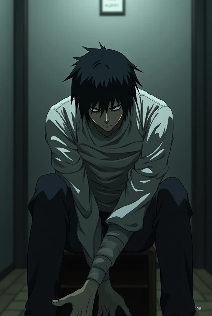 The Death Note anime character L in his special sitting pose but with a ...