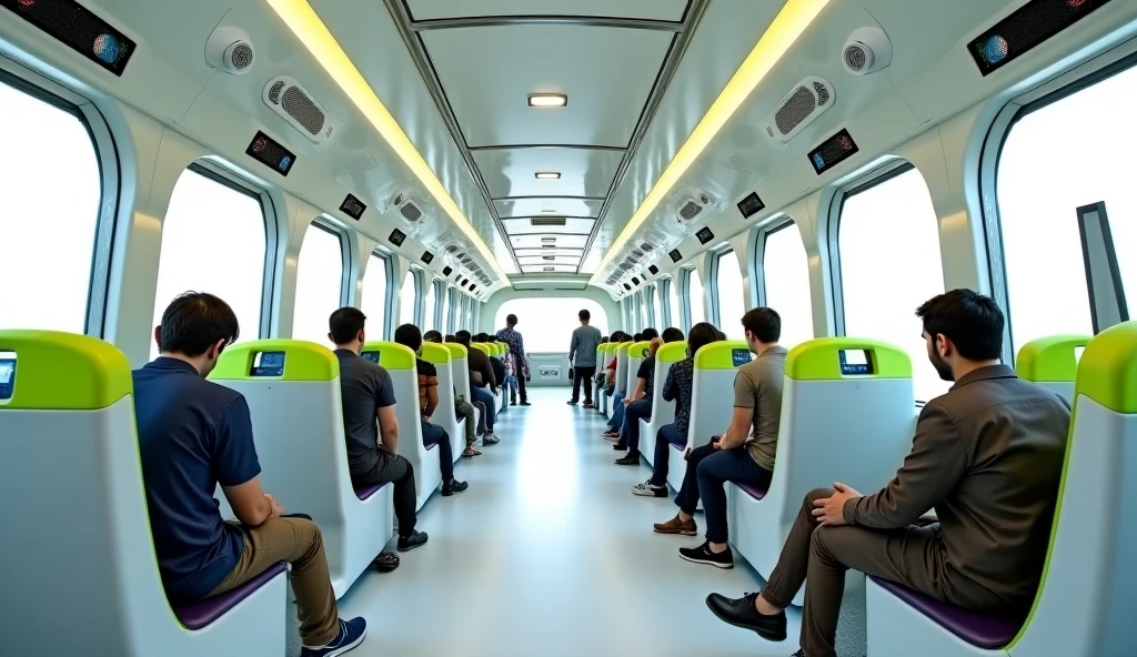 "Show the interior view of a futuristic ultra-long auto rickshaw ...