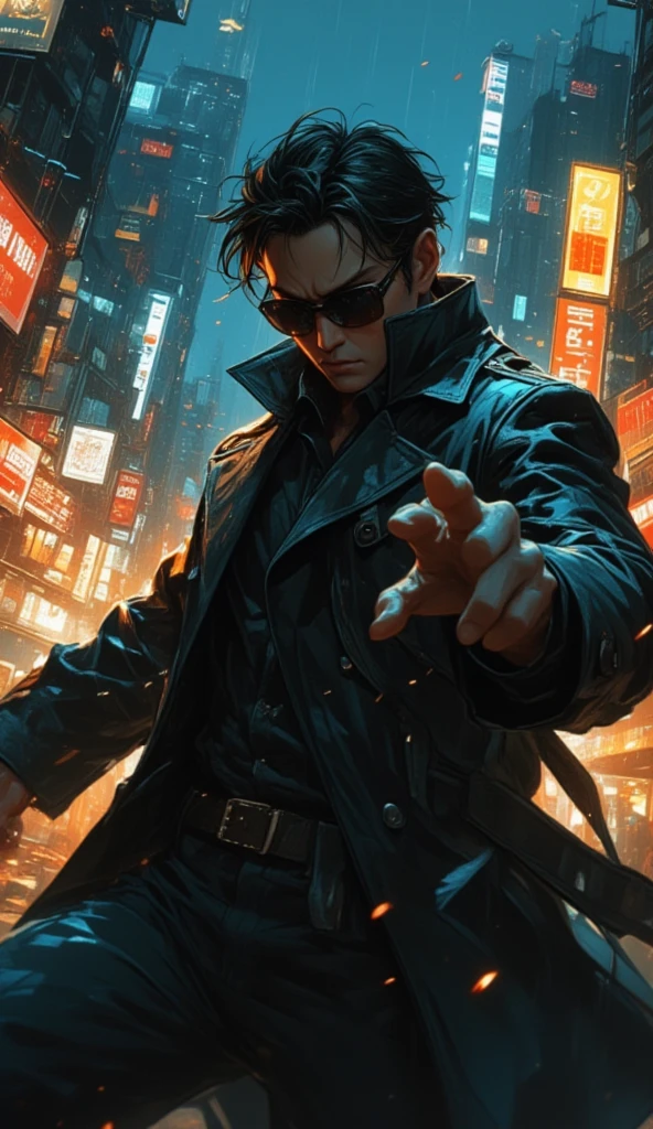 A man in overcoat and sunglasses,dodging incoming bullets,detailed ...