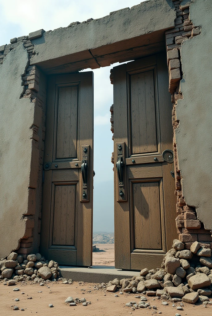 Hinged wooden doors come loose, breakdown of the structure - SeaArt AI