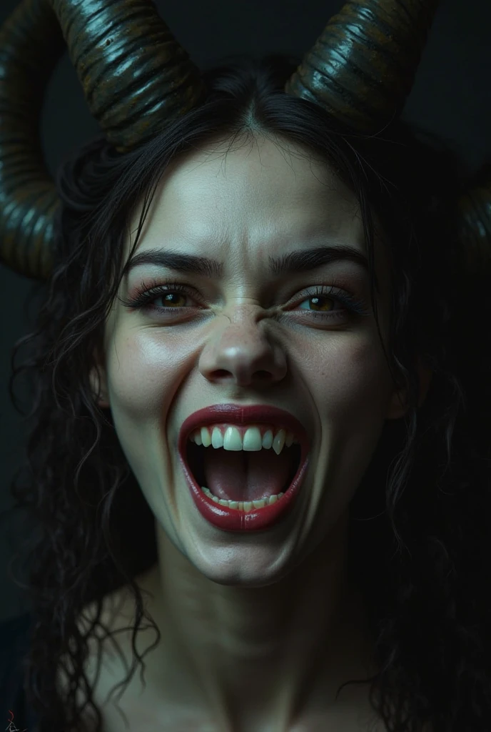 A hyper-realistic portrait of a powerful, young succubus. The focus is ...