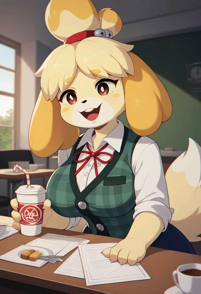 Isabelle \(animal crossing\:1.10), plaid vest, blue skirt, white ...