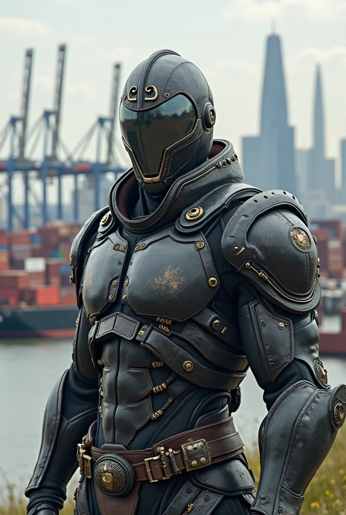 A powerful masked warrior in a futuristic, mechanical suit stands in ...