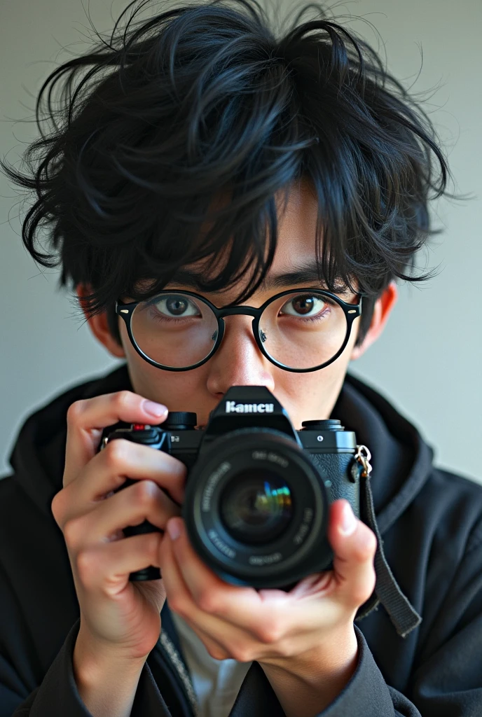 Attractive boy with disorganized black hair with lenses and camera in ...