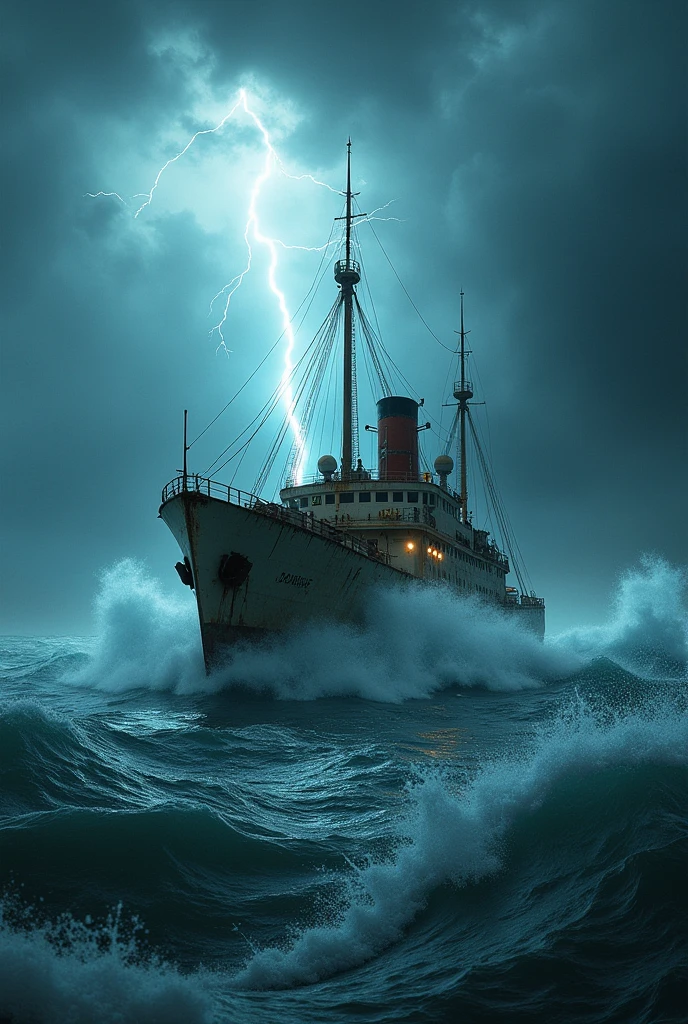 Storm, lightning, cruise small slightly rusty, a dirty ship sails on ...