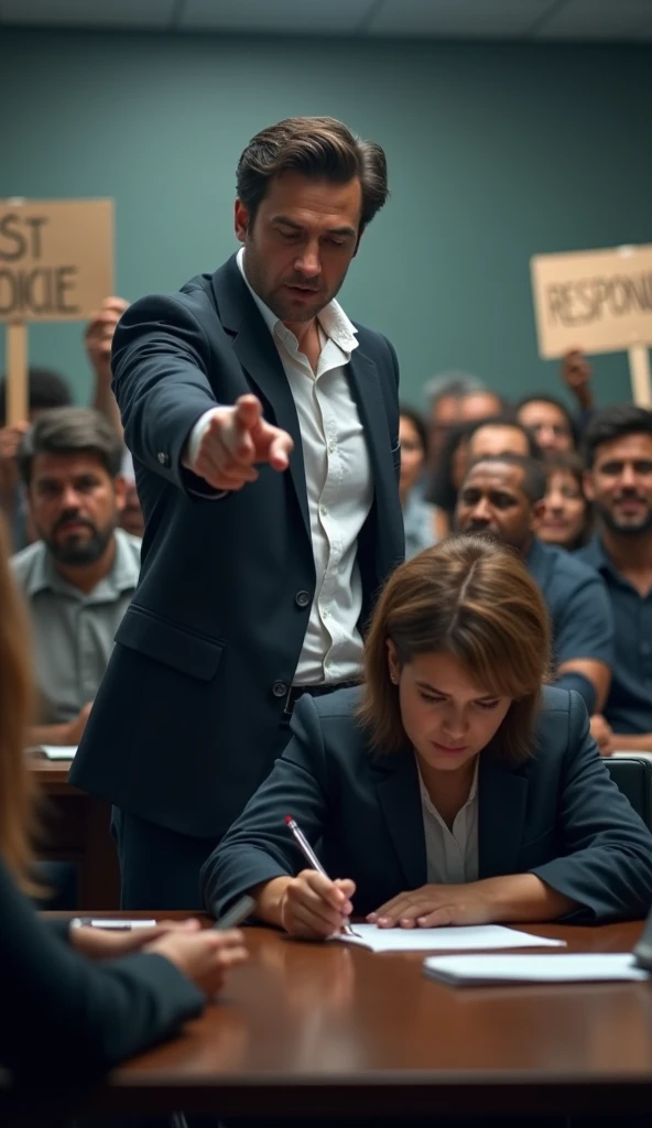 A dramatic scene in a meeting room or office, where a business ...