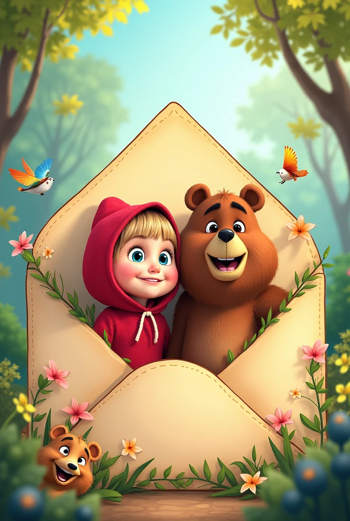 Create me an image of a Masha and the Bear themed letter envelope - SeaArt AI