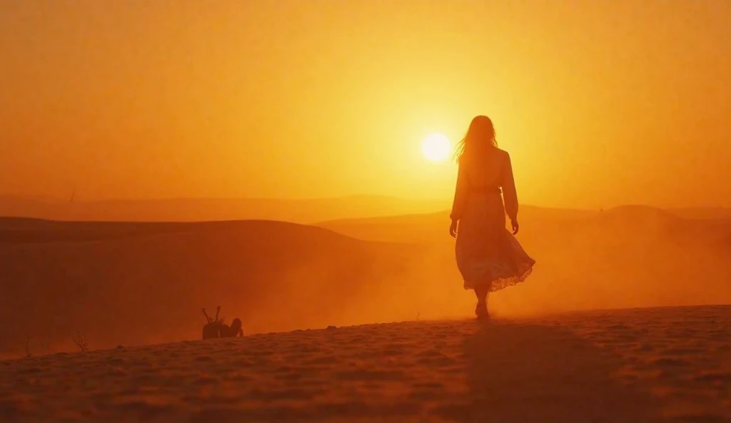 10. Close-up of a lone woman walking toward a beam of golden light in ...