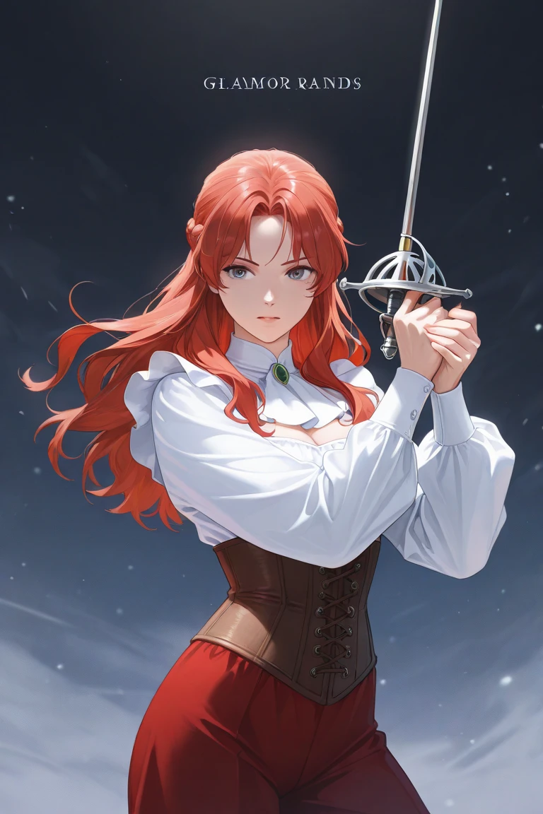 High_quality,red hair,french braid,((hold the rapier with right hands ...
