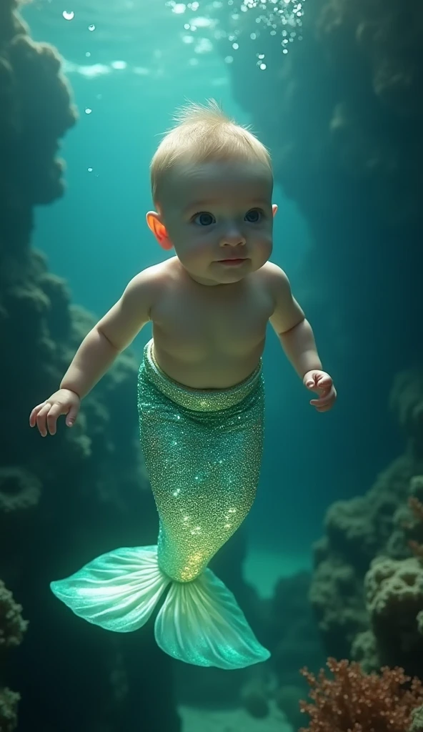 "A baby with a human head and a glowing mermaid tail floats gracefully ...