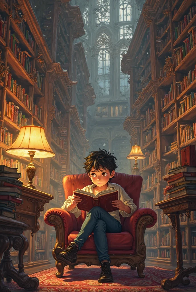 Ren in the library reading various textual genres - SeaArt AI