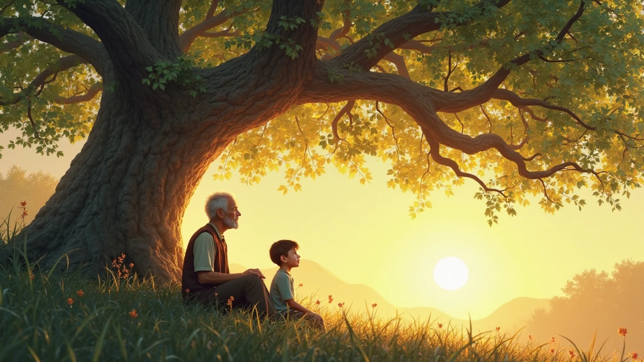 Grandfather and grandson under giant tree, golden sunlight through ...