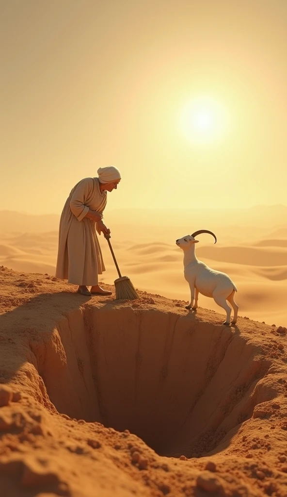 (An old village grandmother and a white goat digging a huge pit in the ...