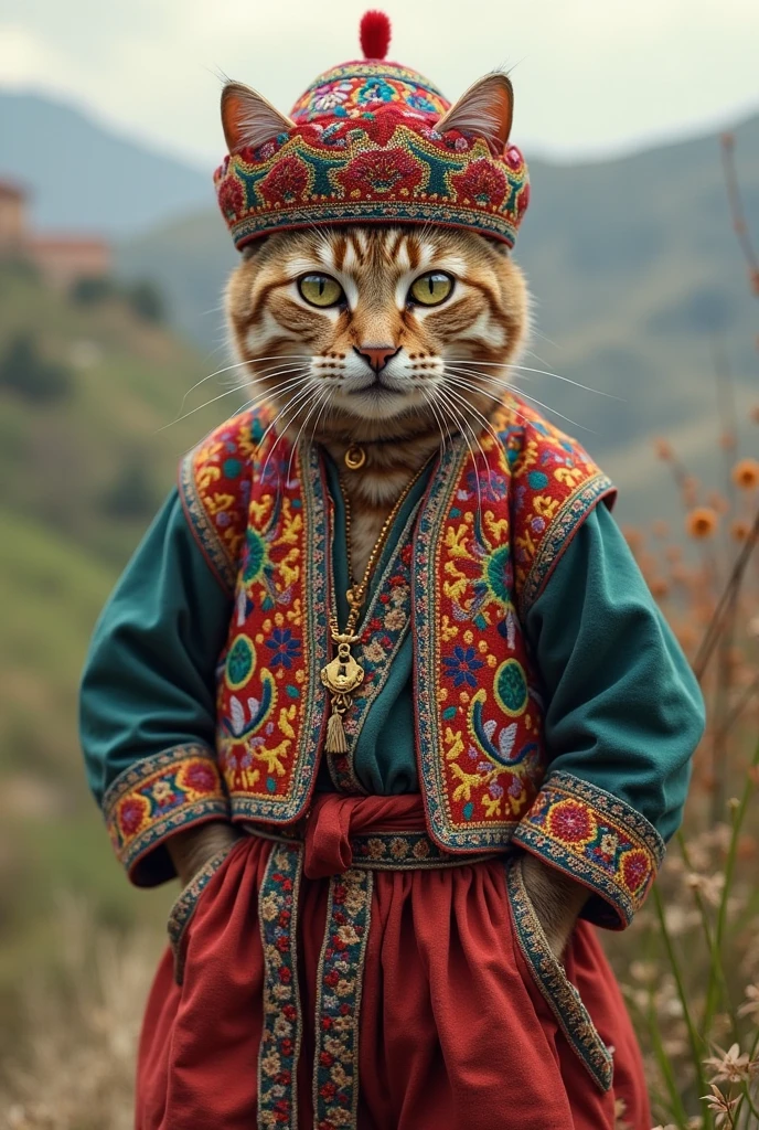 Generate a cat wearing kurdish traditional clothes hat and pants ...