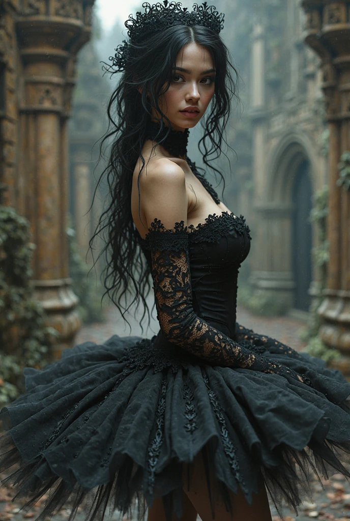 A beautiful gothic ballerina with an unusual tutu and dark long hair ...