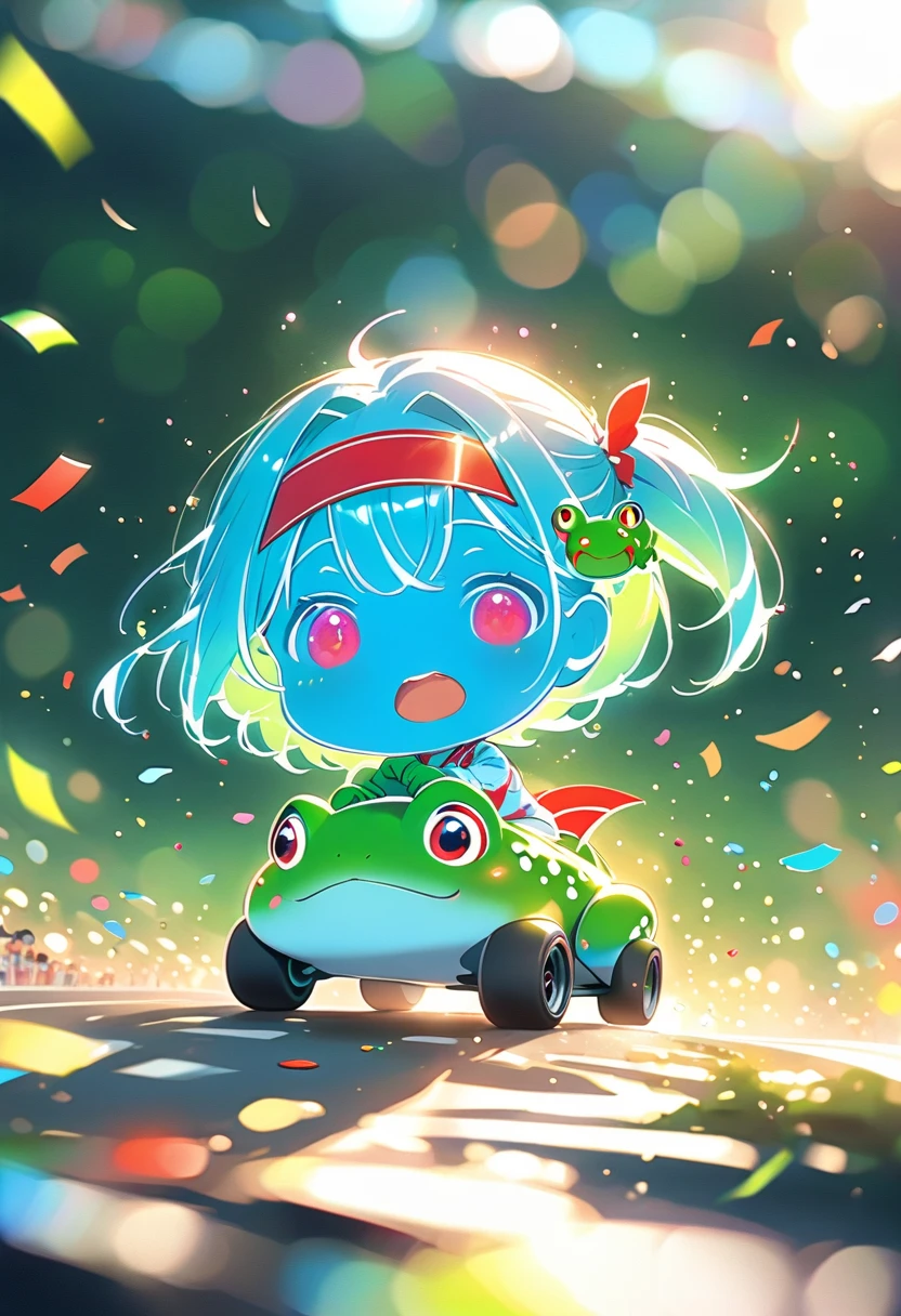 ((A frog riding on top of an F1 racing car:1.5、カエルを捕まえようとするrace queenの ...