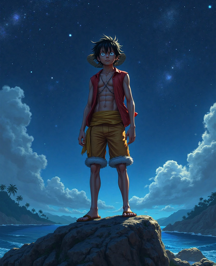 Monkey D Luffy Wano, on top of a large stone, olhando para o horizonte ...