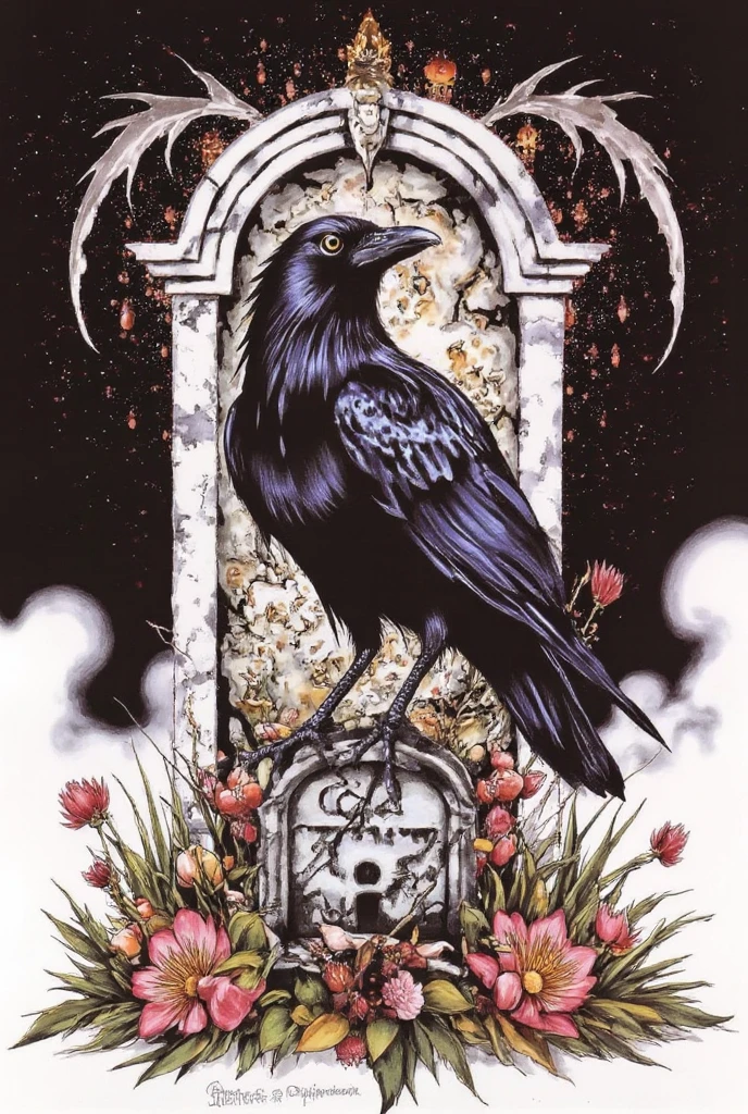 "Crow's colorful ink splash art style in the cemetery. Perched on the ...