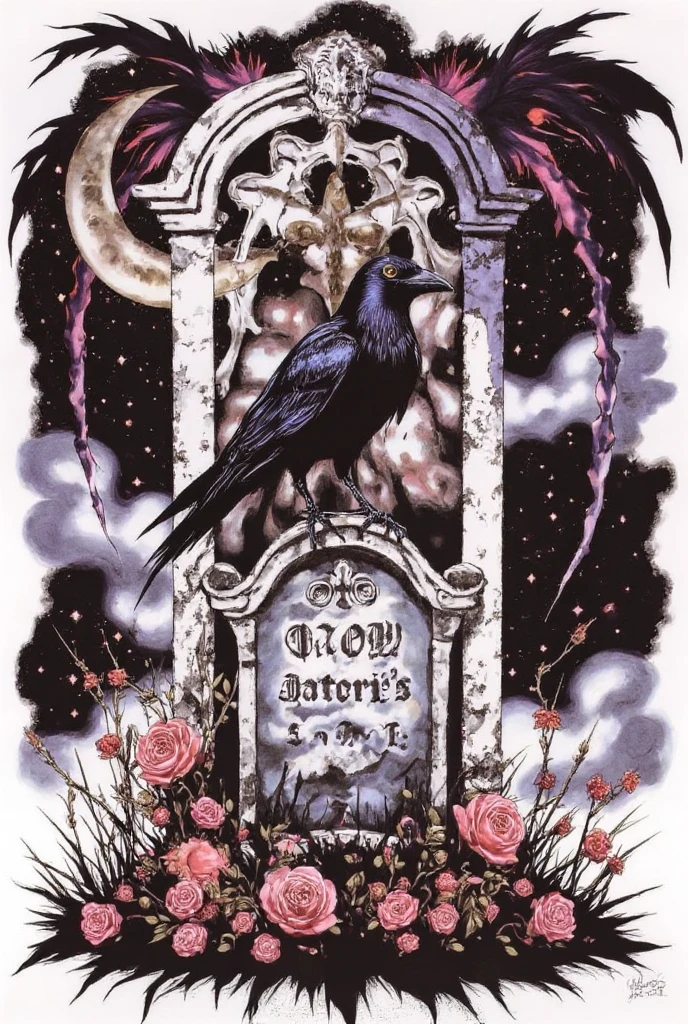 "Crow's colorful ink splash art style in the cemetery. Perched on the ...