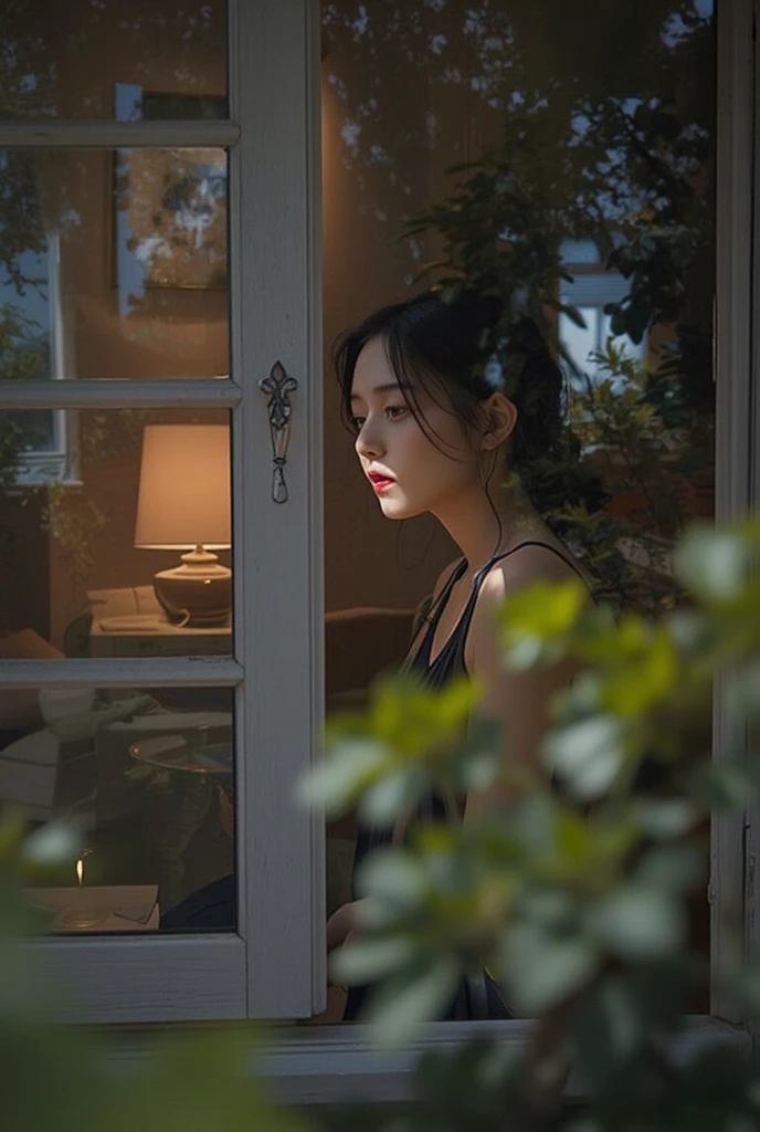 From outside the house, looking through a closed window at a serene ...