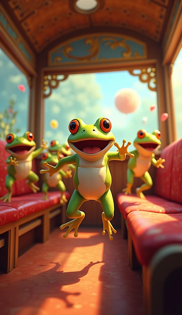 Ten beautiful cute baby frogs are happily dancing fast in a beautiful ...