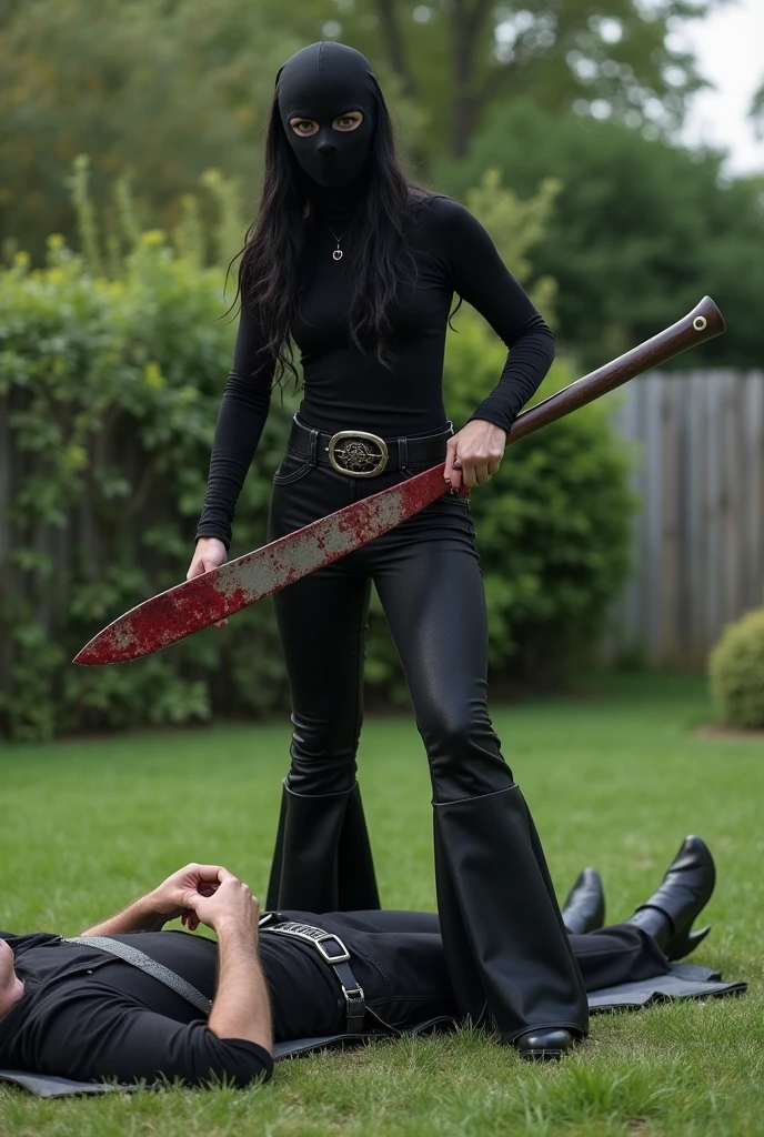 Black creepy full face lycra balaclava sexyy woman. She wearing long black tight - SeaArt AI