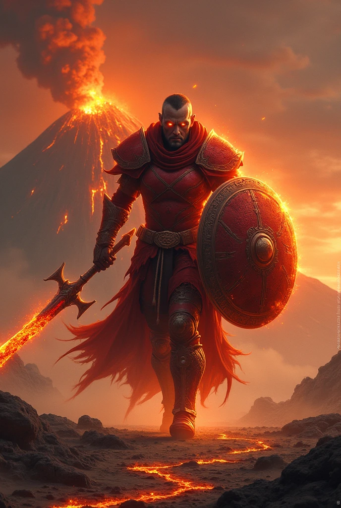 A red-hot warrior with a molten shield and lava blade, walks through an ...
