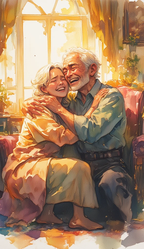 Watercolor painting of a kneeling man crying in the embrace of a very ...