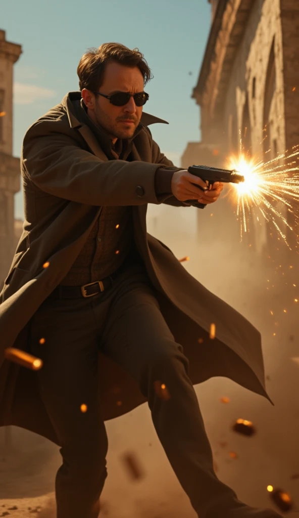 A man in overcoat and sunglasses bending its body to dodge incoming ...