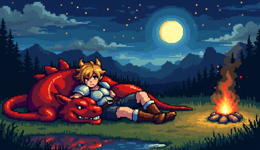 "16-bit RPG pixel art, relaxed warrior lying on grass with arms ...